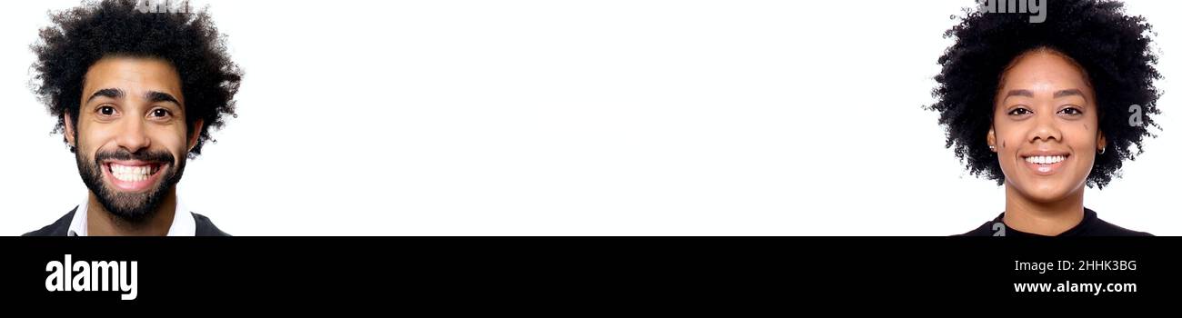 Two people in front of a white background with a white space in between ...