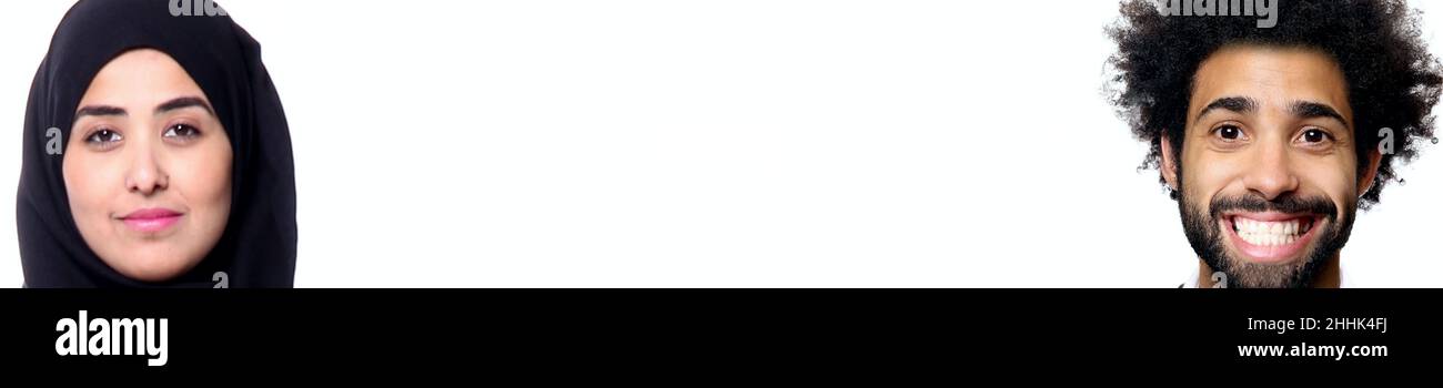 Two people in front of a white background with a white space in between ...