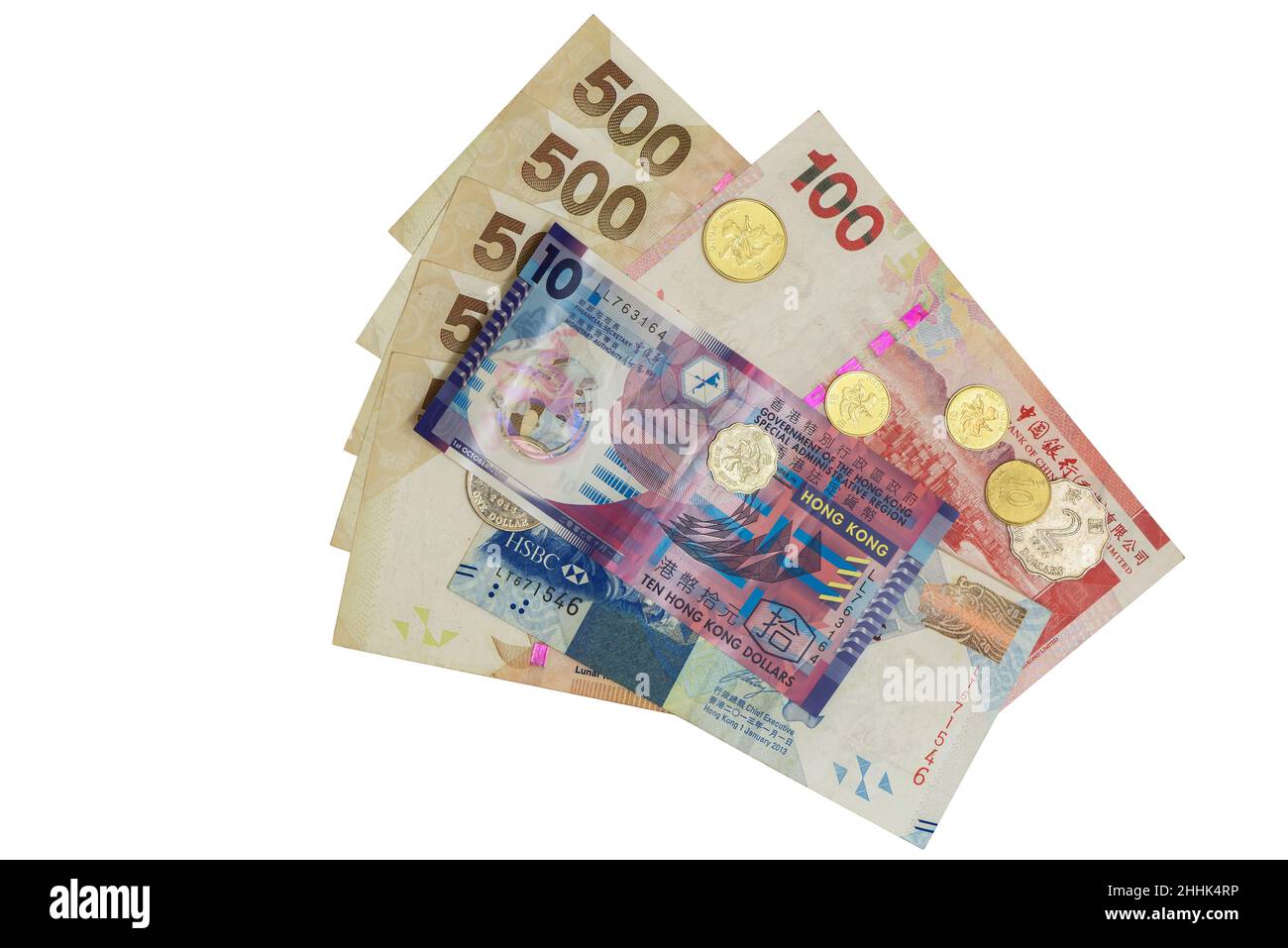 Different Hong Kong money bank notes and coins isolated on white ...