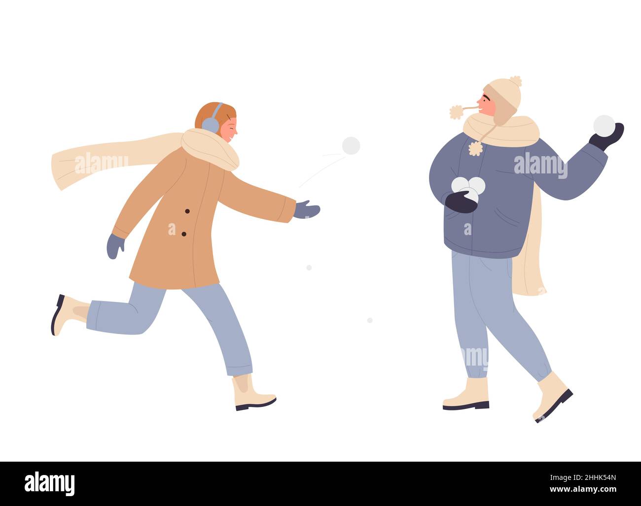 Happy friends in warm clothes playing snowballs. Outdoor winter funny ...