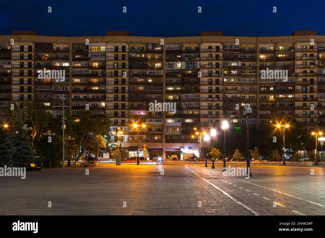Beautiful view of illuminated facade of the apartment building called ...