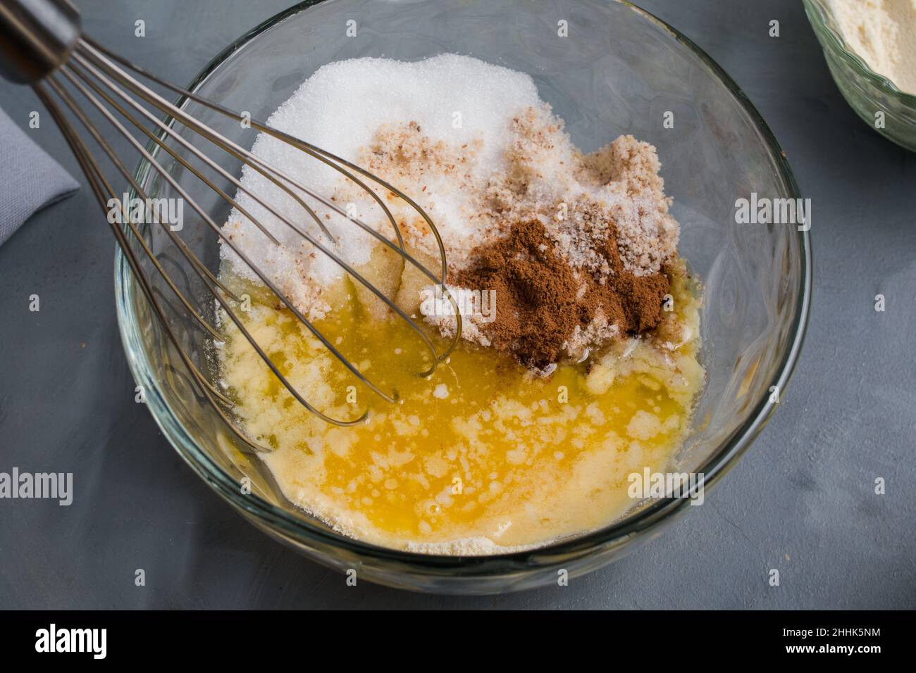 From above of glass bowl with raw batter for healthy coffee keto ...