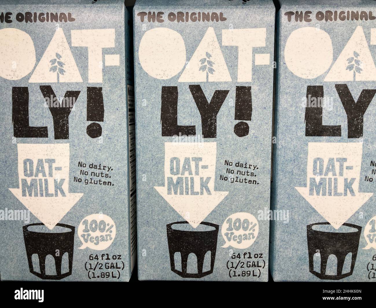 Oat-Ly brand original oat milk cartons on shelf of diary section of ...