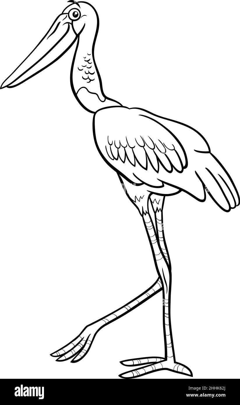 Black and white cartoon illustration of funny jabiru bird comic animal ...