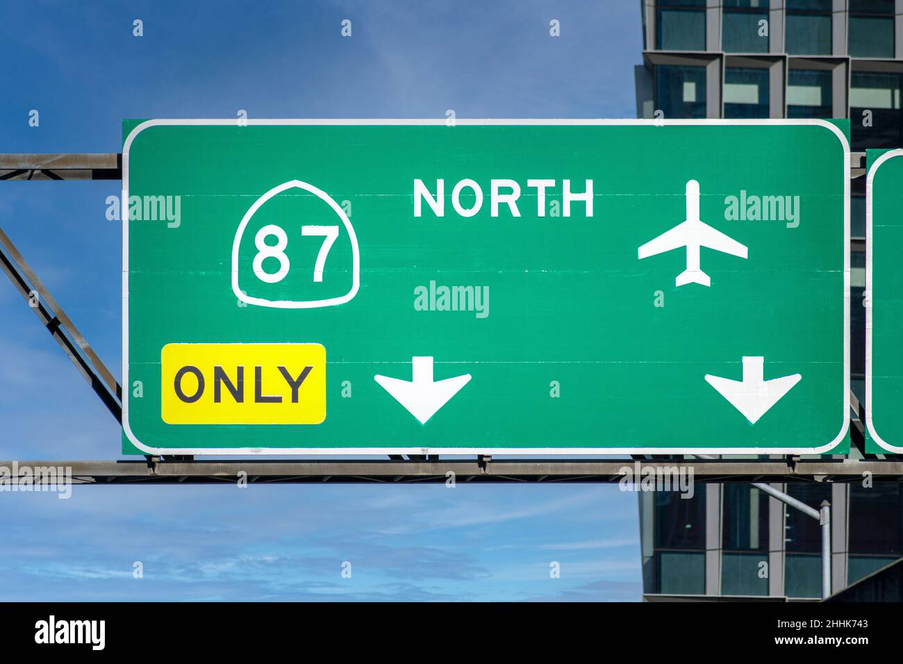 Highway 87 North overhead road sign in Downtown San Jose with the ...