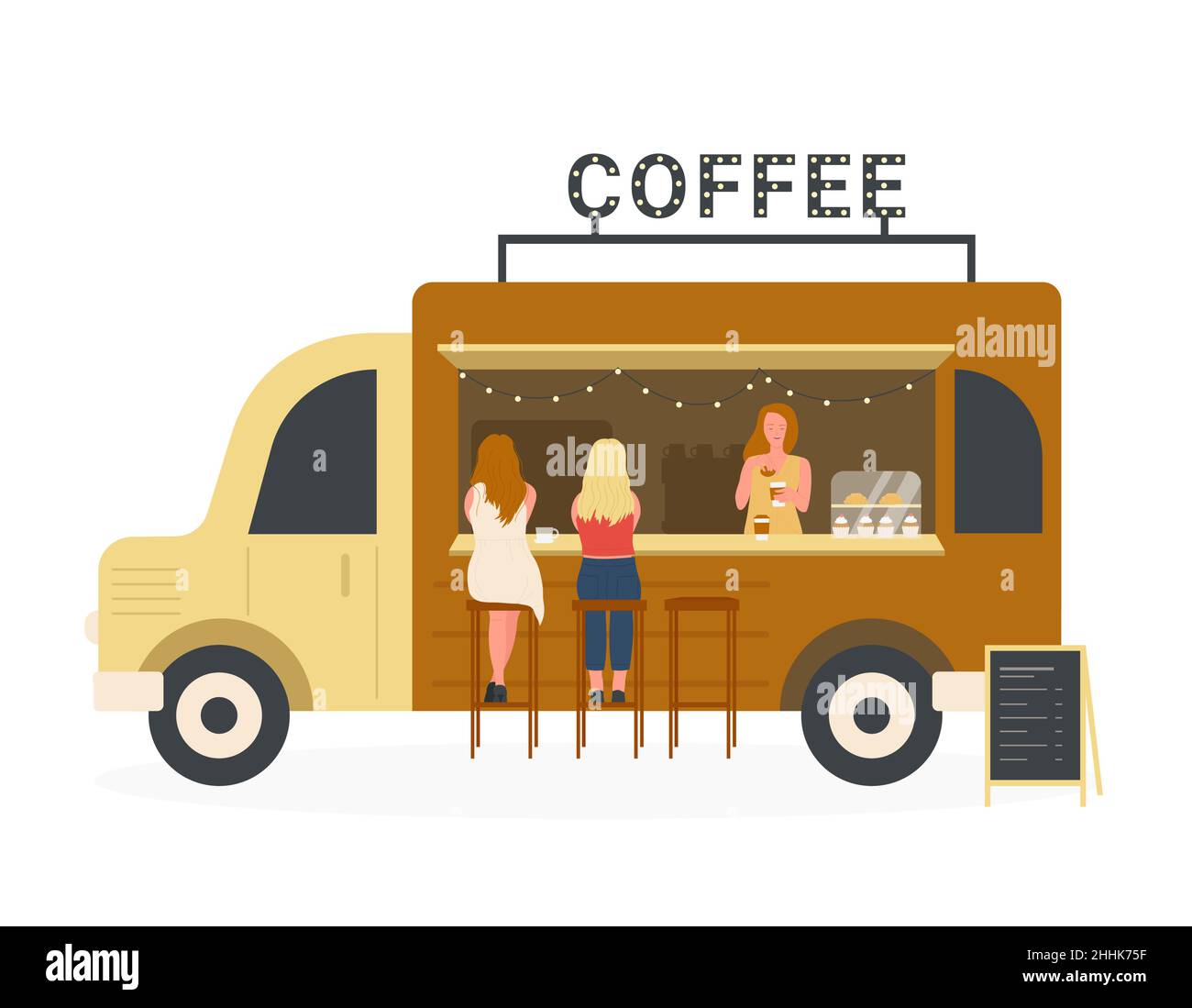 Street coffee truck with clients at bar counter. Mobile beverage shop ...