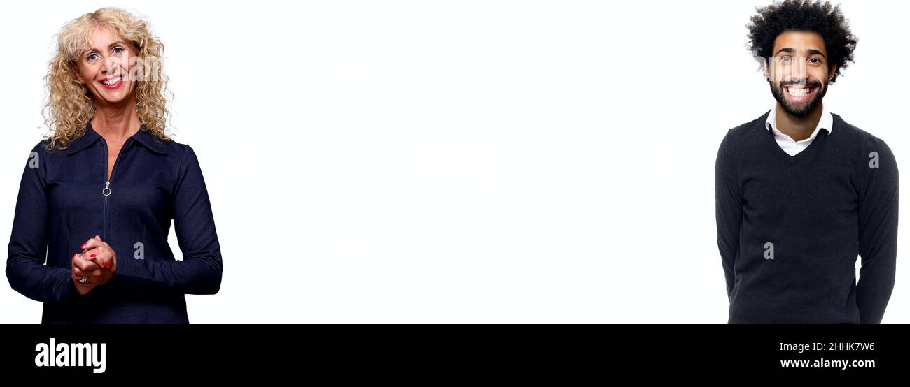 Two people in front of a white background with a white space in between ...