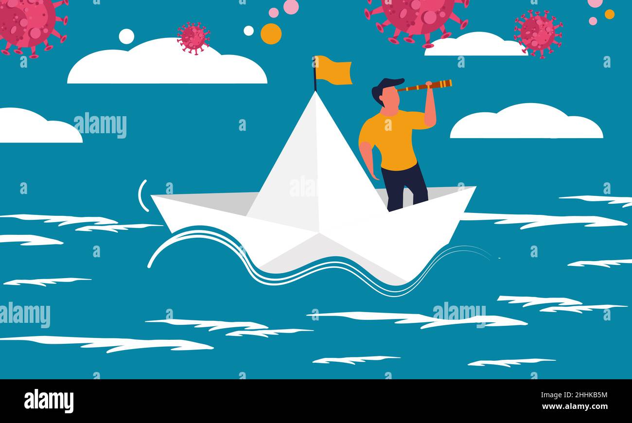 Sea paper ship with man leader. Follow boss with strategy and direction ...