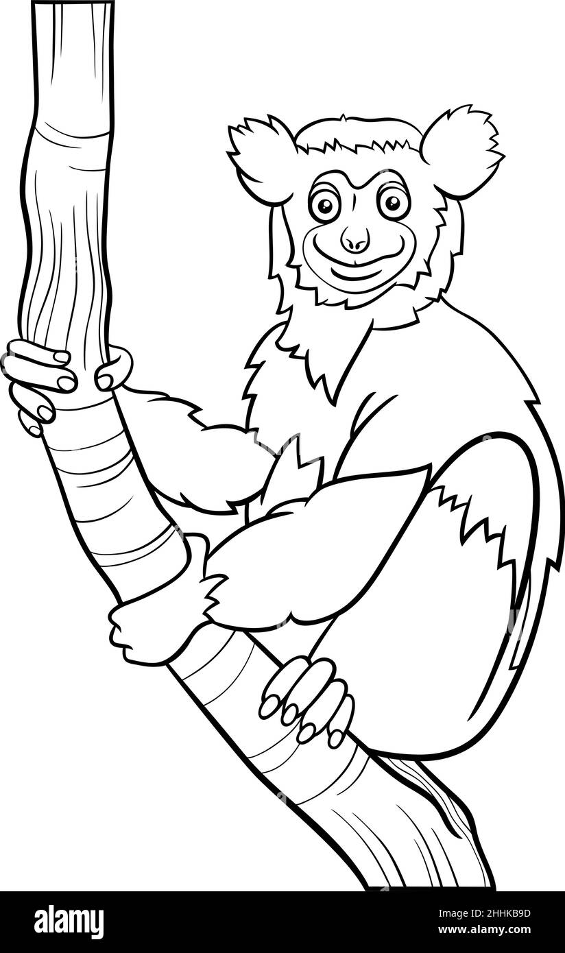 Black and white cartoon illustration of funny indri animal character ...