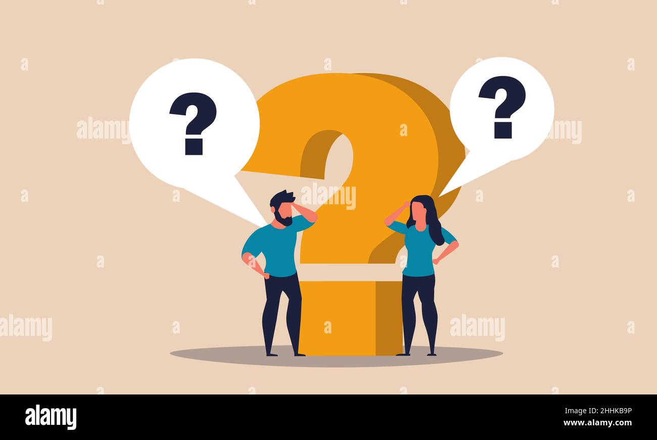 Question problem and answer solution idea with man and woman. Help ...