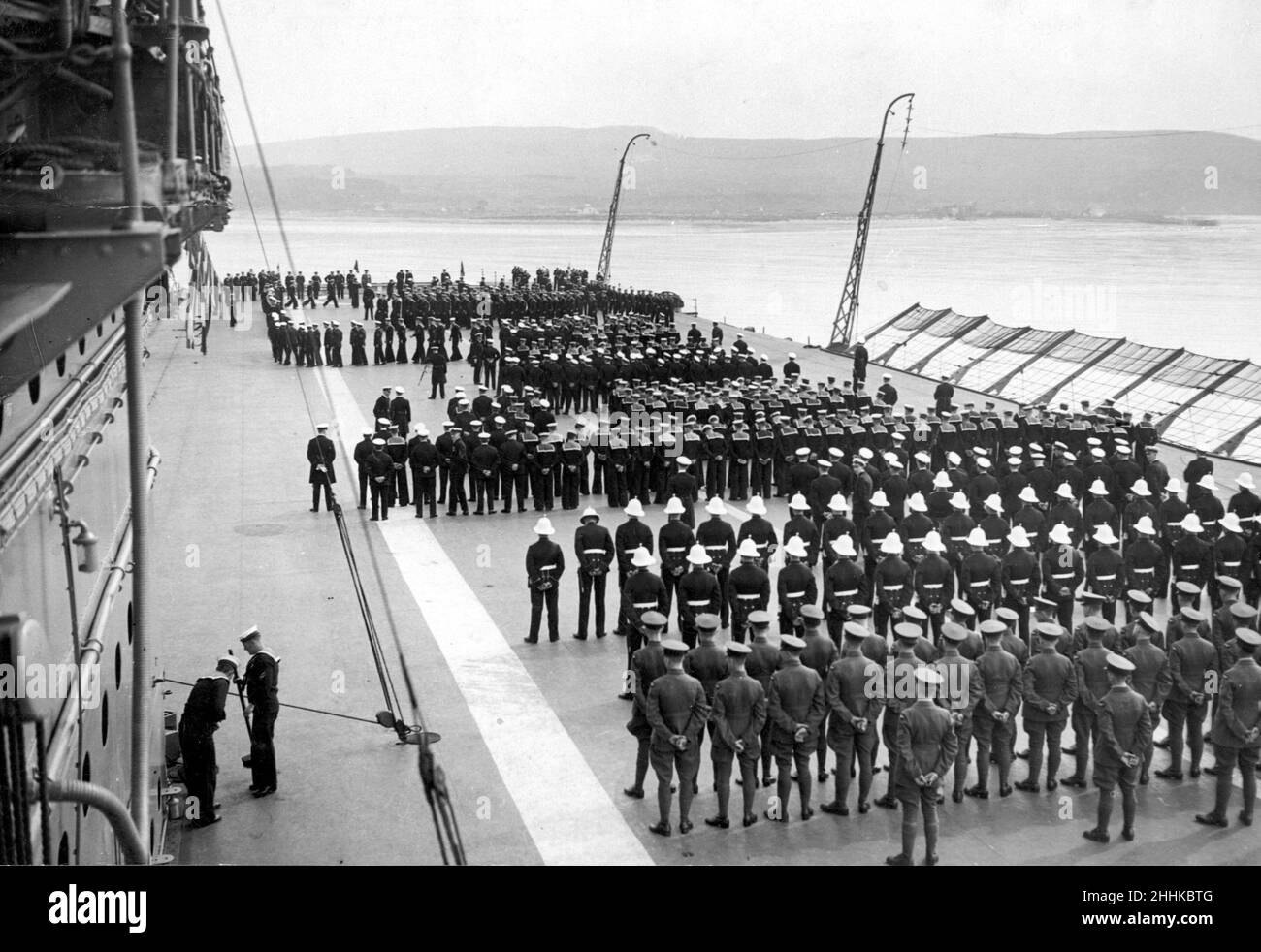 The crew of the British Royal Navy Aircraft Carrier HMS Courageous ...