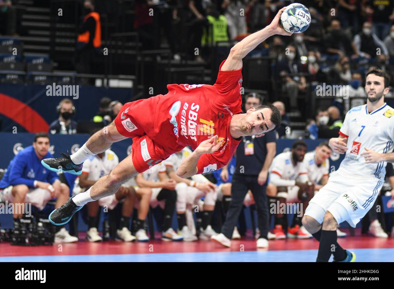 EHF Euro 2022. Main Round: Milos Vujovic (Montenegro) scoring against ...