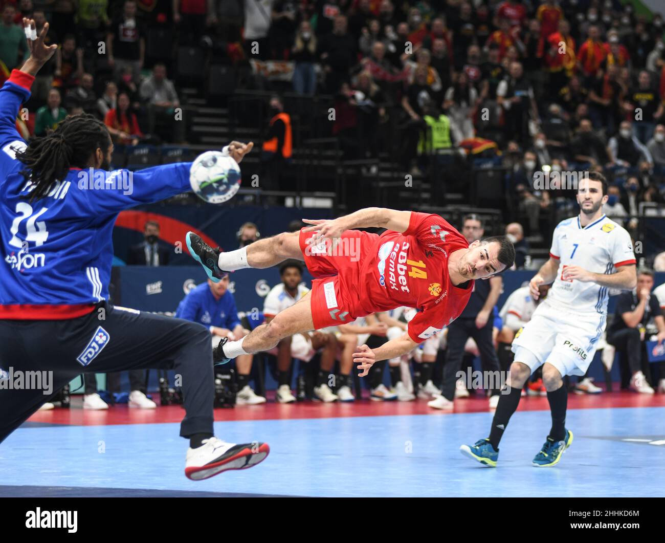 EHF Euro 2022. Main Round: Milos Vujovic (Montenegro) scoring against ...