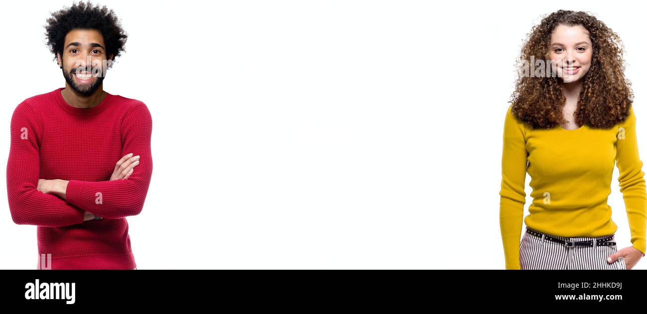 Two people in front of a white background with a white space in between ...