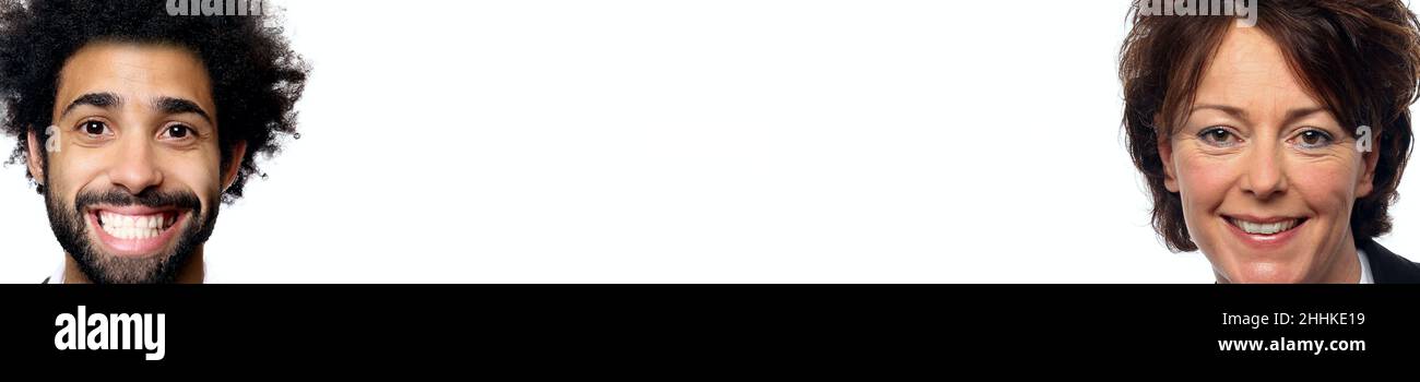 Two people in front of a white background with a white space in between ...