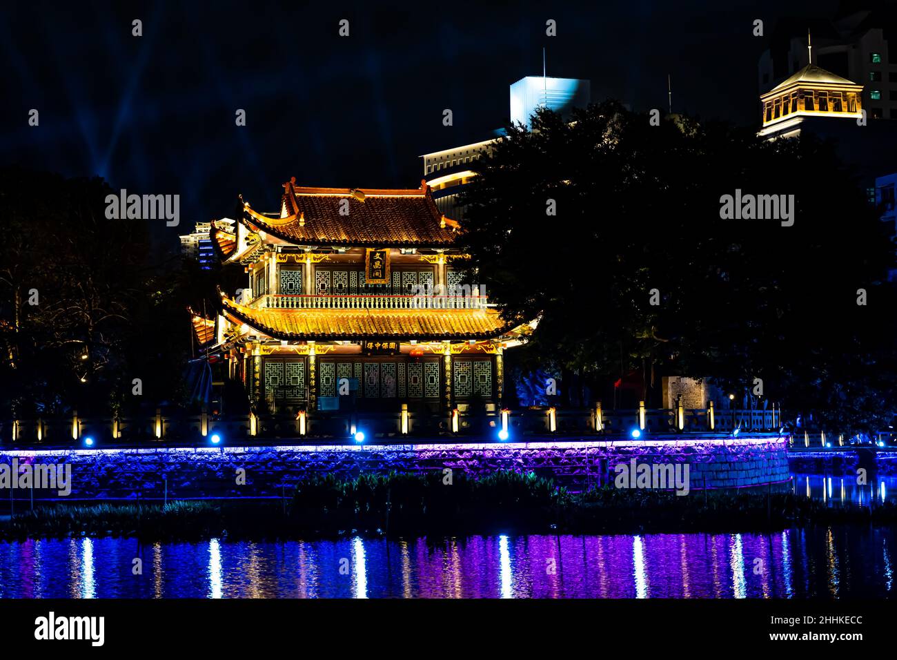 Chinese traditional temple at night with night lights and river Stock ...