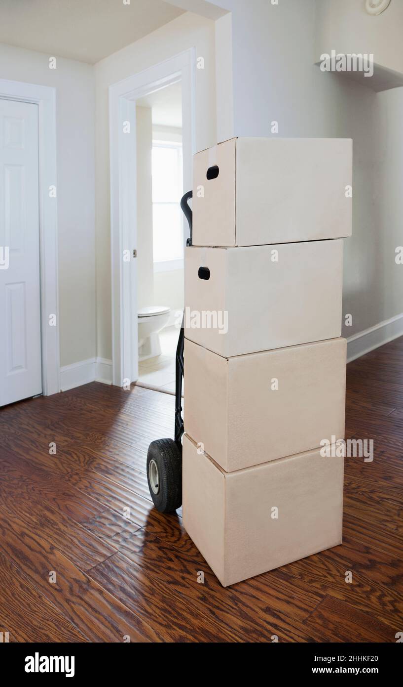 Moving boxes in new house Stock Photo - Alamy