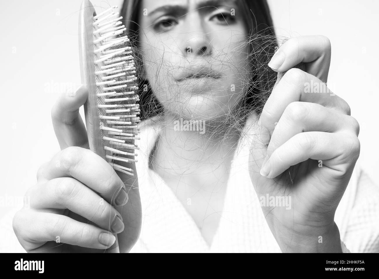 Sad girl with damaged hair. Hair loss problem treatment. Portrait of ...