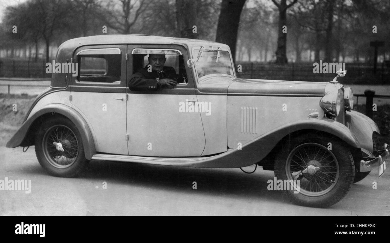 International goalkeeper Ted Hufton with the new British Salmson car ...