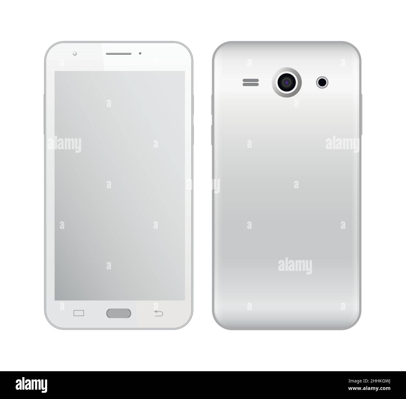 White smart phone in front and back sides on white background ...