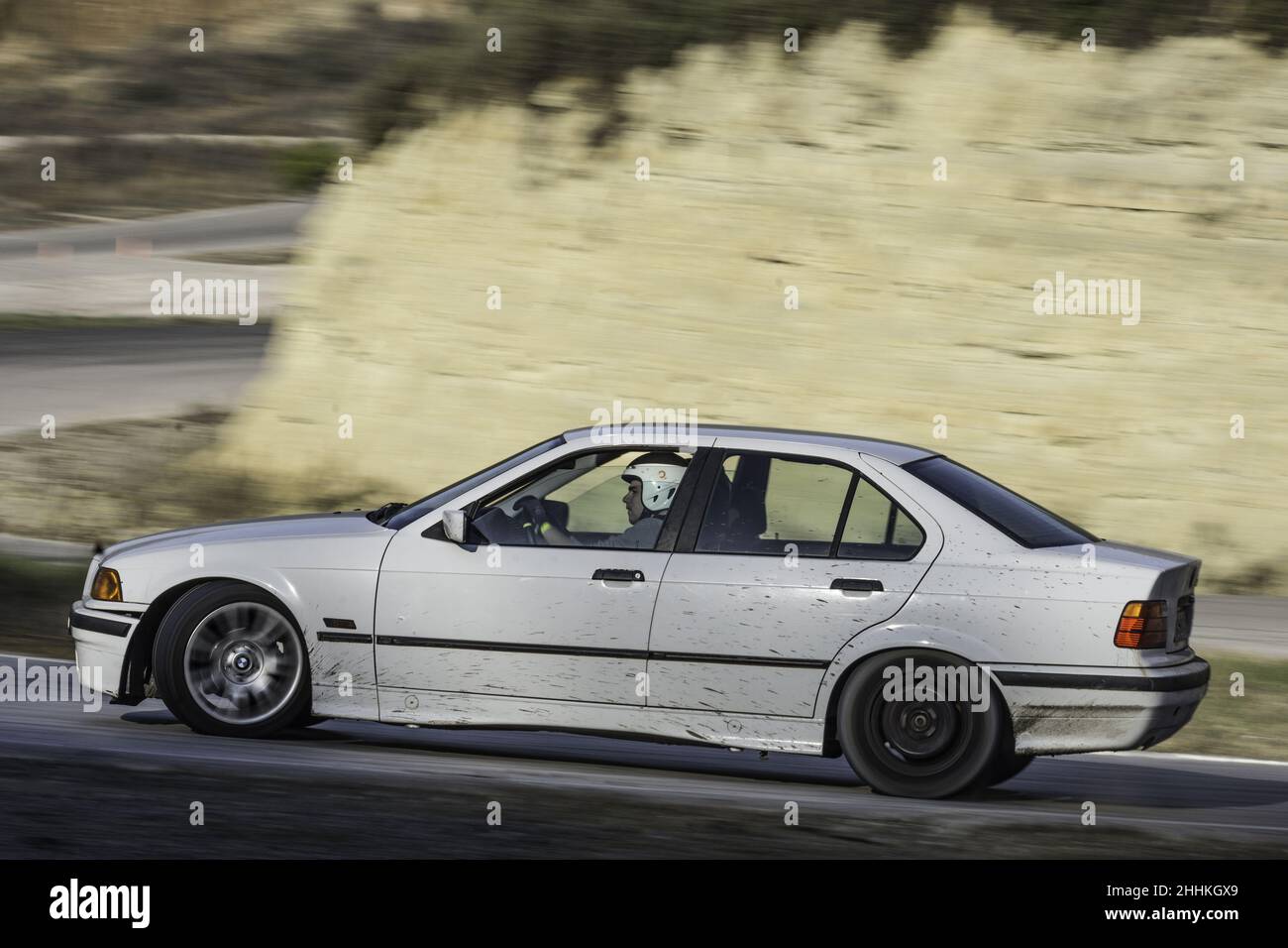 Modified BMW E36 racing on the road during a competition in Barcelona ...