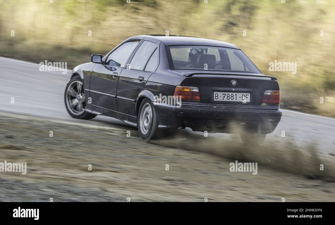 Modified BMW E36 racing on the road during a competition in Barcelona ...