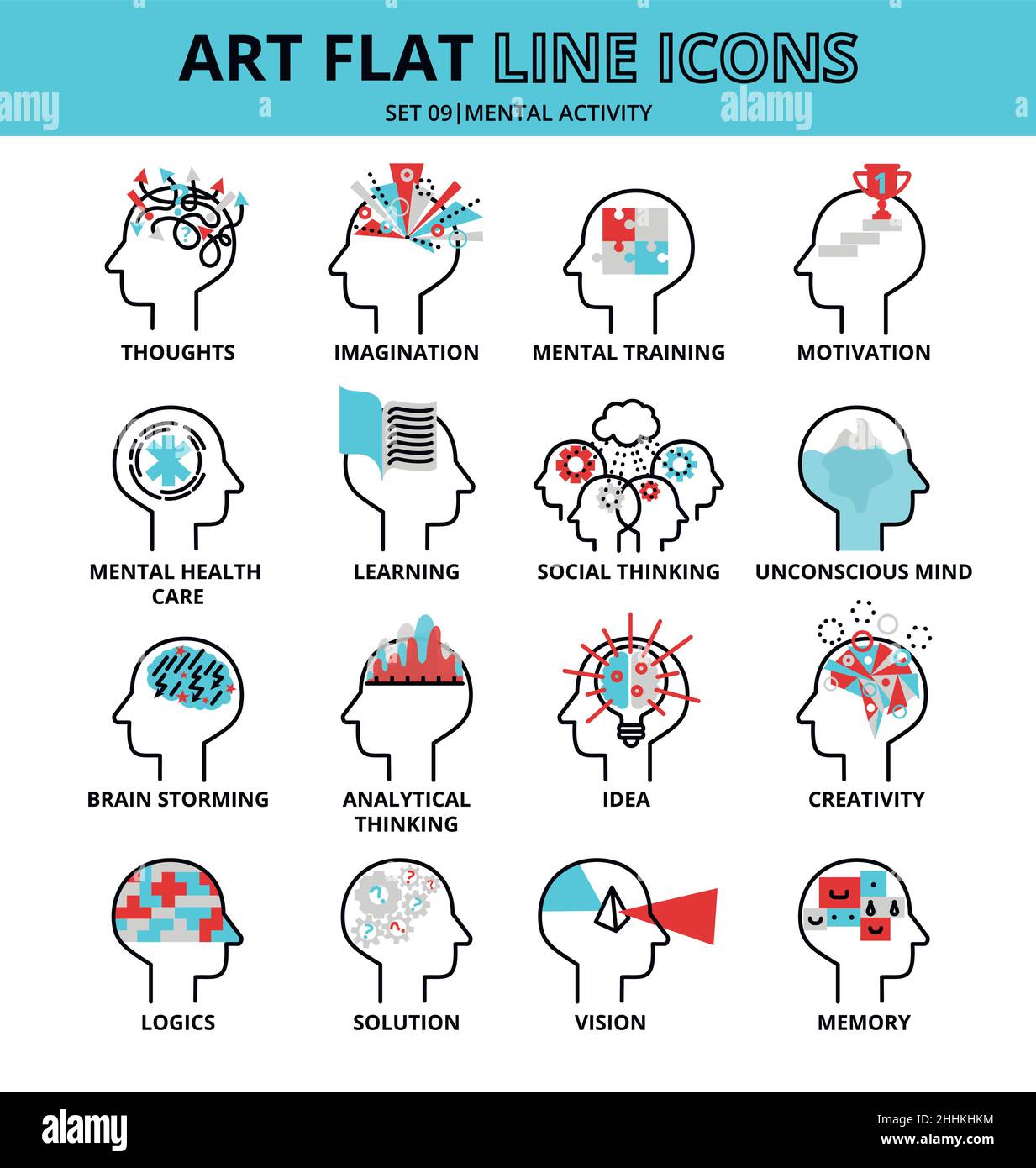 Set of human mental activity icons, flat thin line vector illustration ...