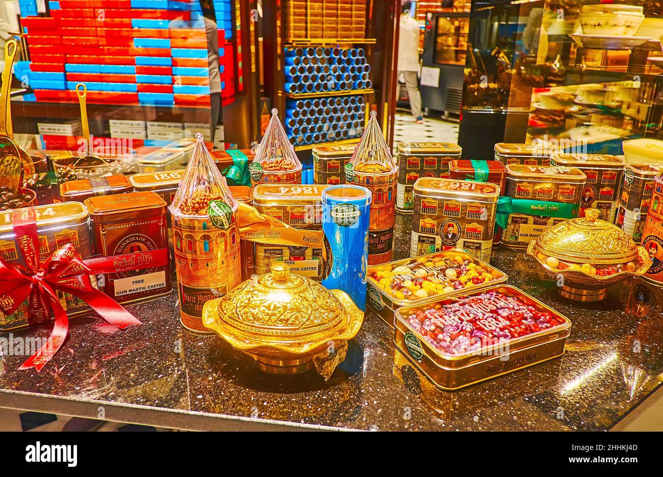 DUBAI, UAE - MARCH 7, 2020: The counter of Hafiz Mustafa Turkish pastry ...