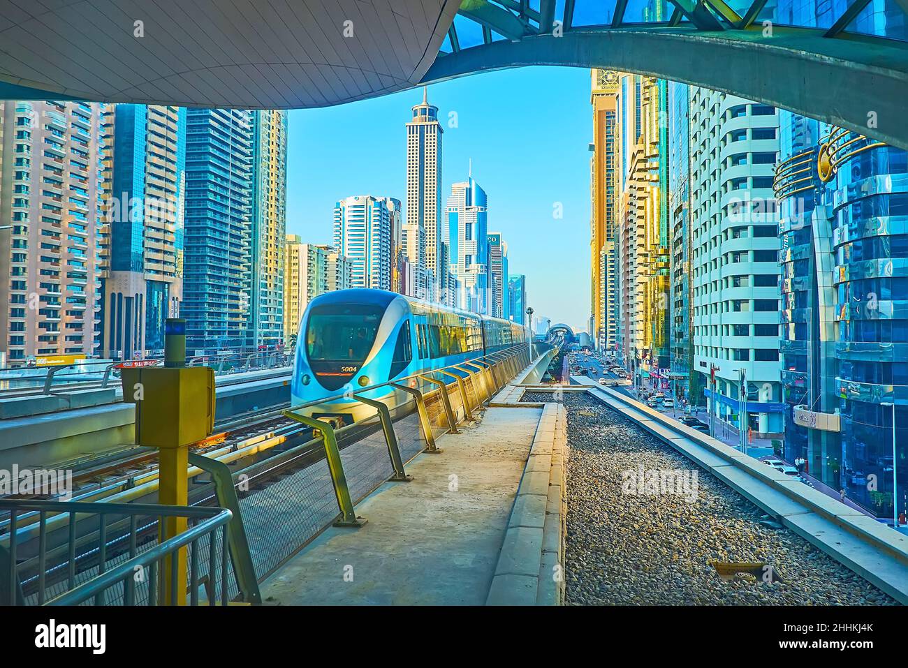 DUBAI, UAE - MARCH 3, 2020: The Red Line of Dubai Metro opens the view ...
