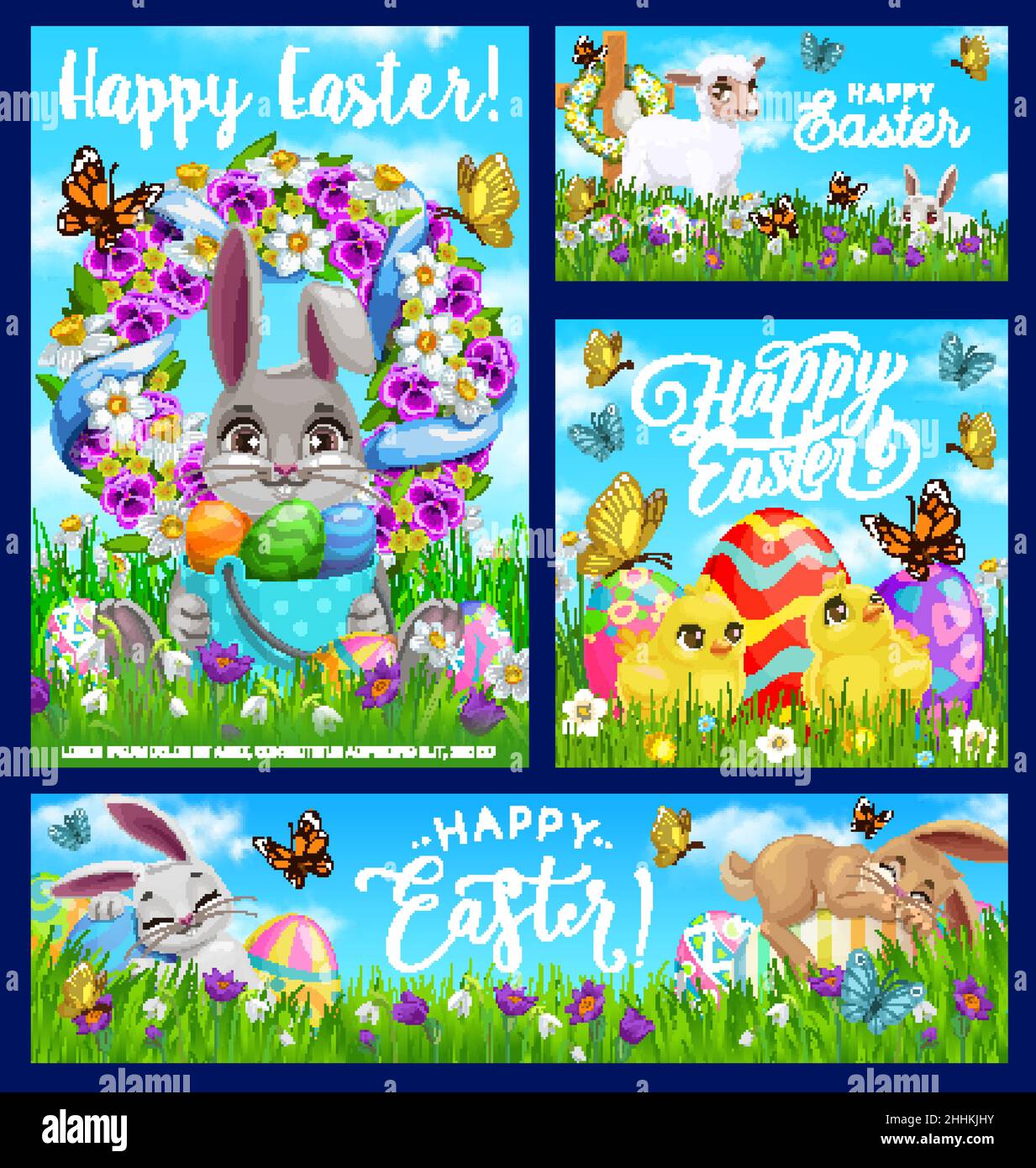 Happy Easter cartoon vector posters. Bunnies, sheep and chicks, painted ...