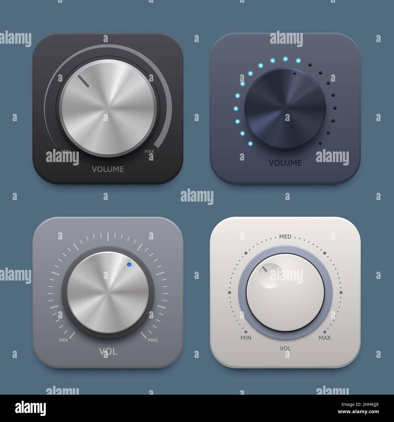 Music and sound volume knob button icons. Metallic round tuner, audio ...