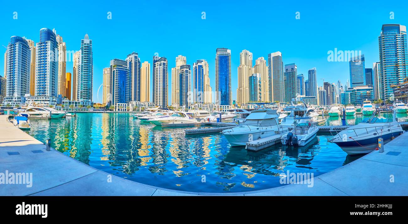 Panorama with the shipyards of the yacht port with line of futuristic ...