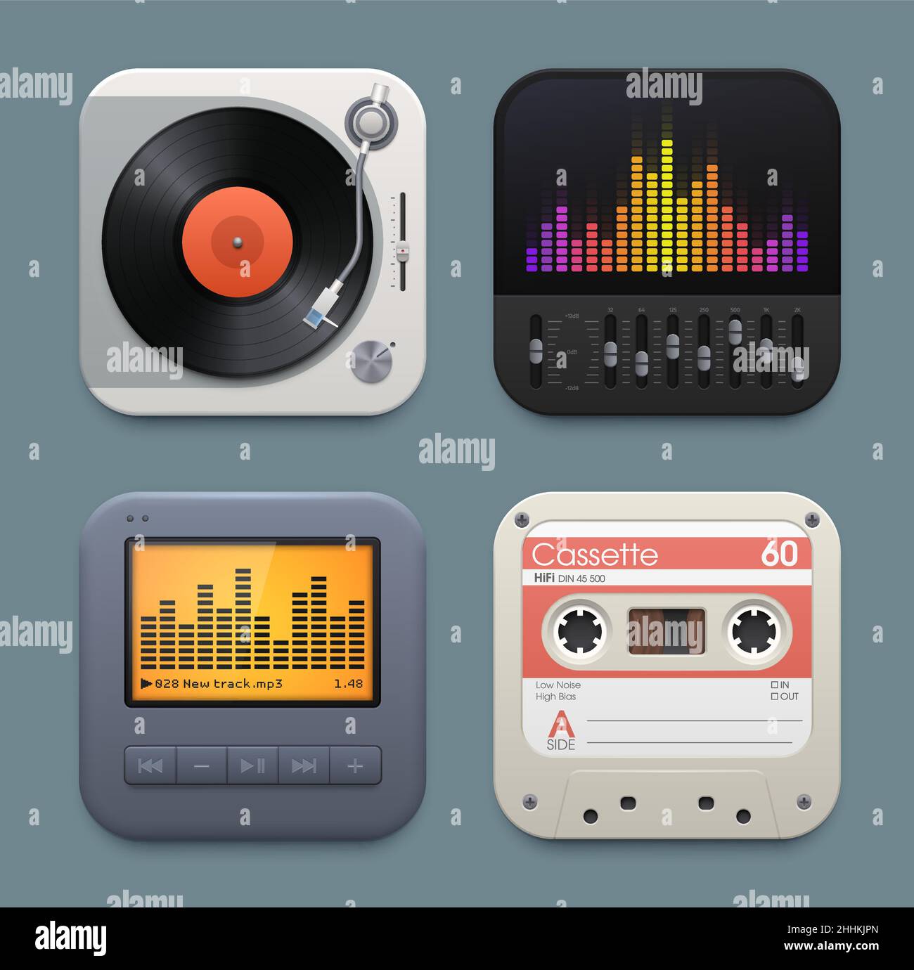 Vinyl, cassette and sound music player equalizer icons. Application ...