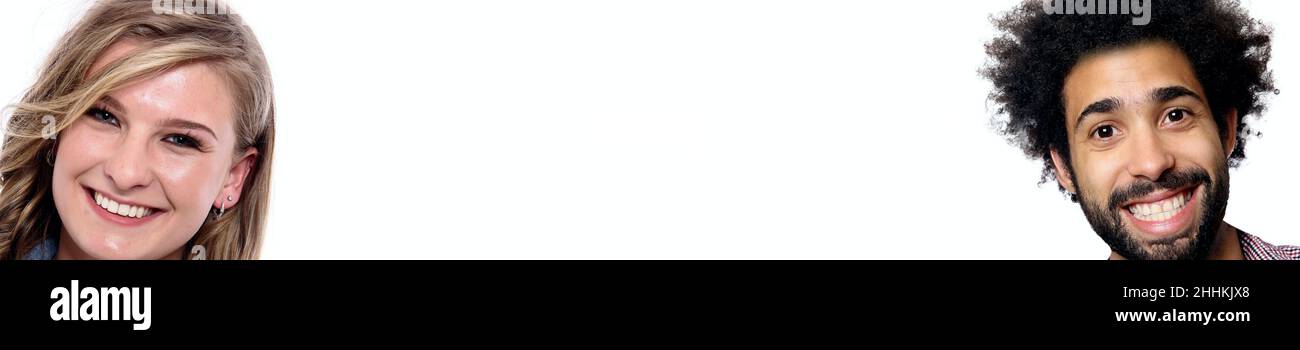 Two people in front of a white background with a white space in between ...