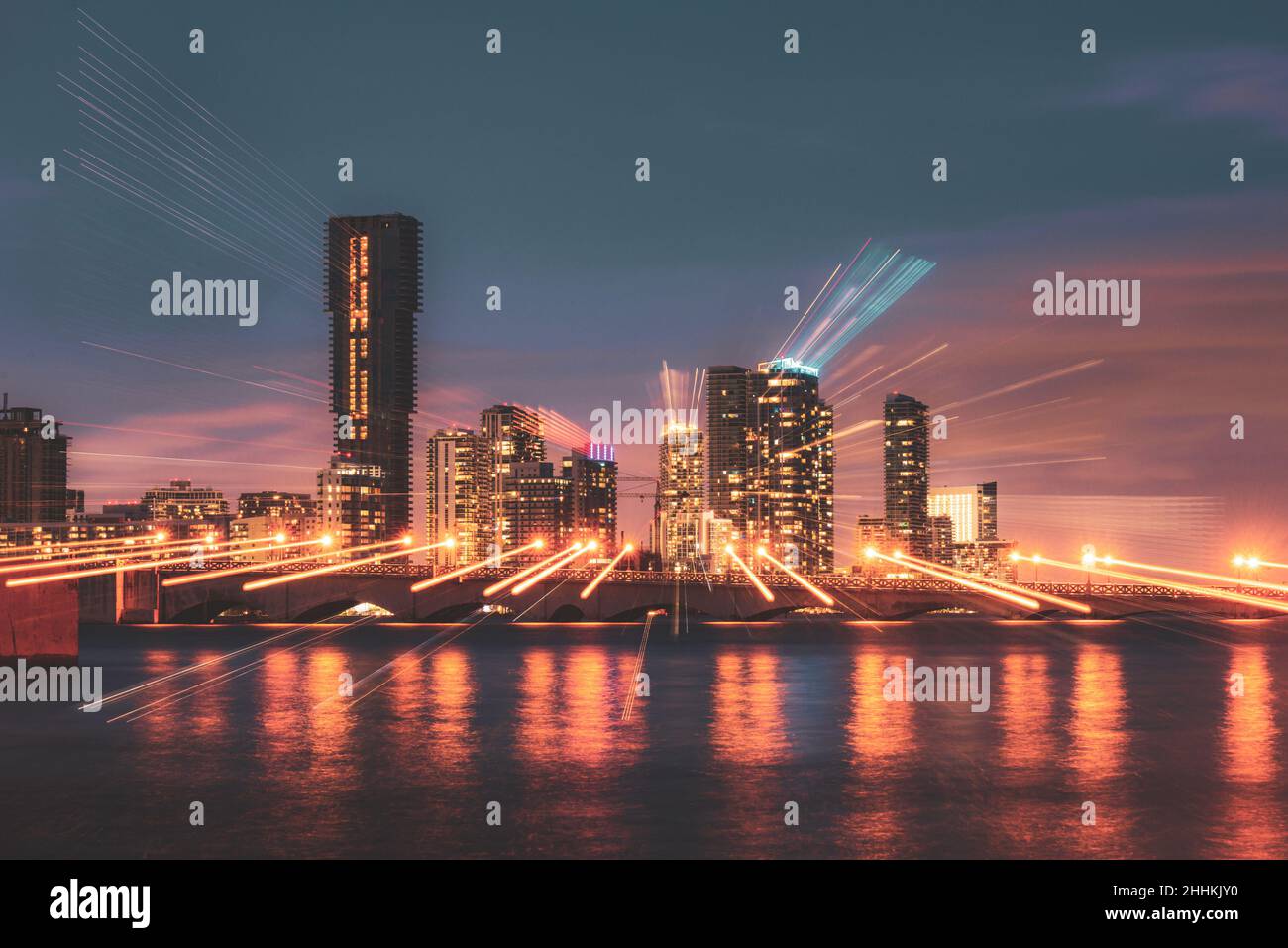 Miami skyline. Miami south beach street view with water reflections at ...