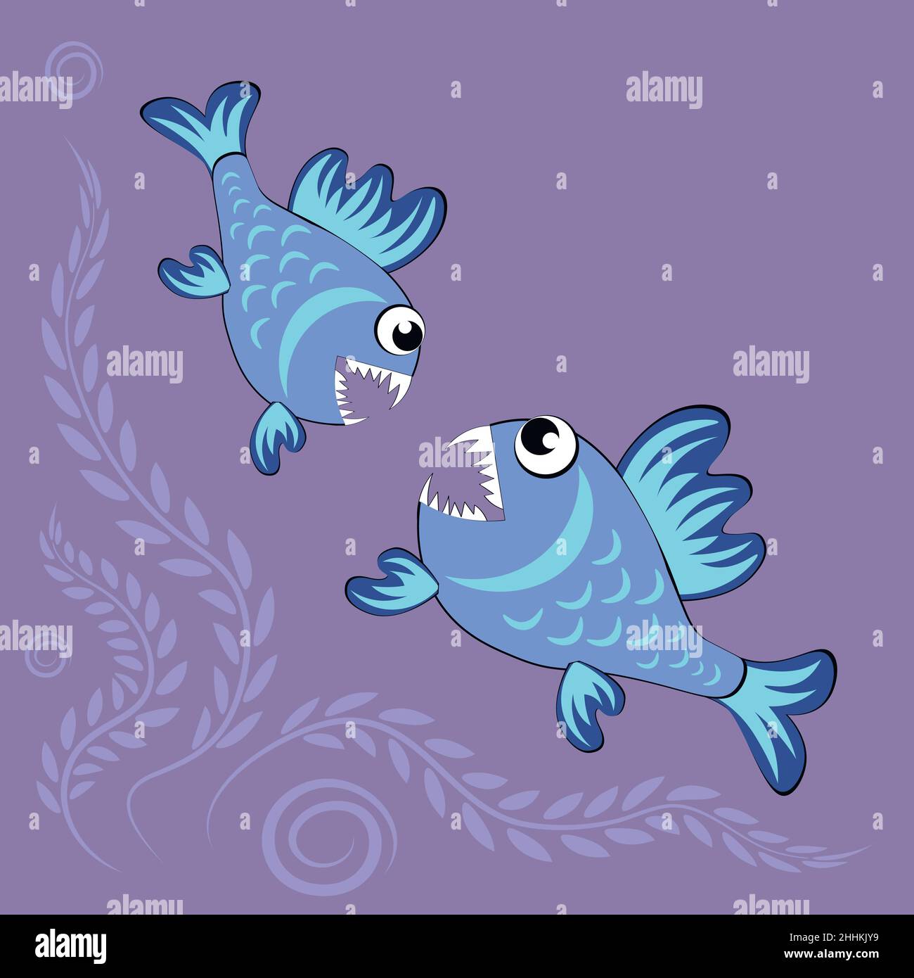 The illustration on a square background is a predatory evil piranha ...