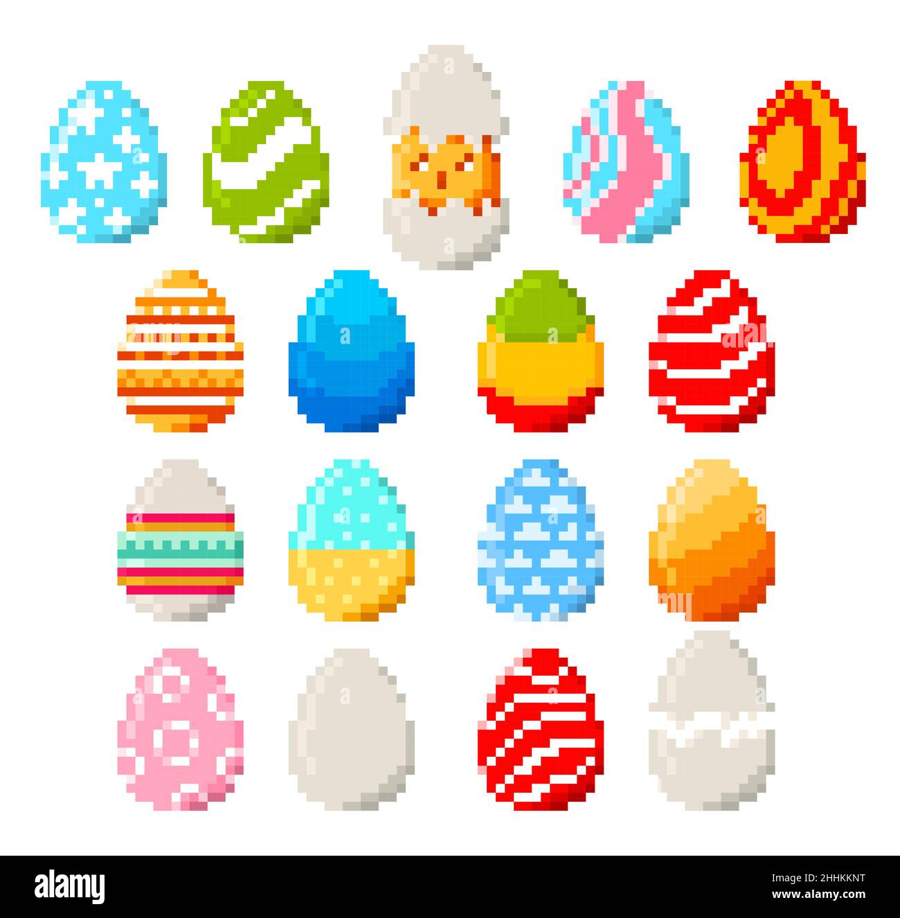 8 bit pixel Easter eggs and chicken. Pixel art game isolated eggs with ...