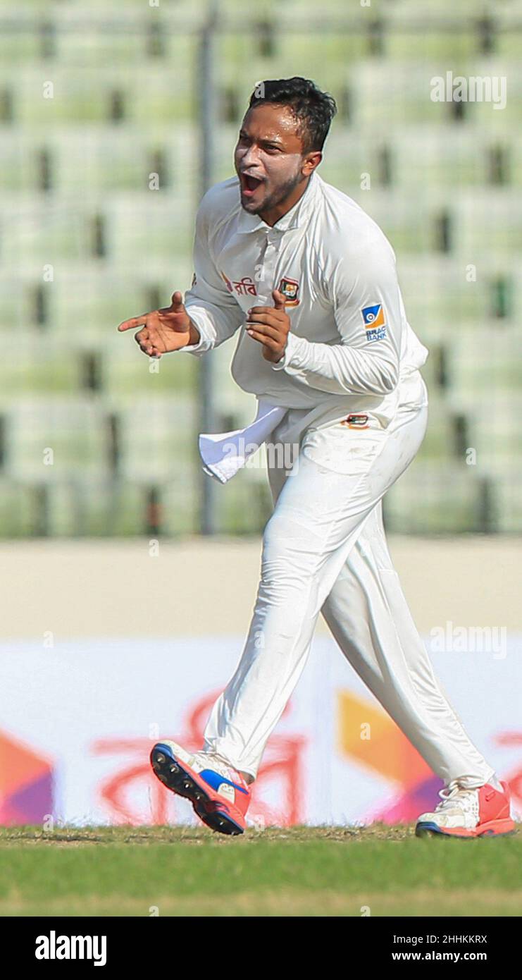 Bangladesh cricketer Shakib Al Hasan wicket celebrates during the First ...