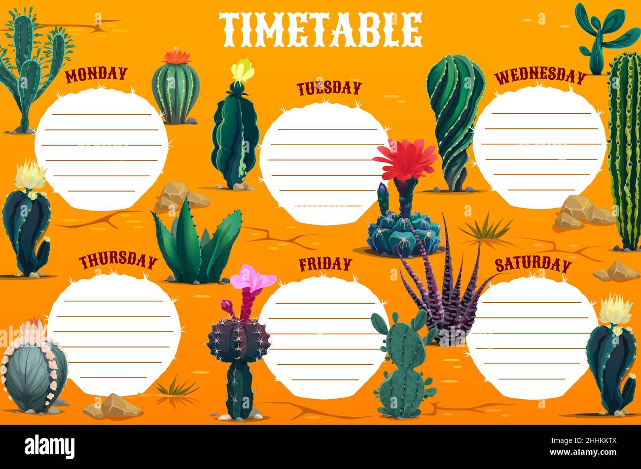 Timetable schedule with Mexican cactus succulents in desert, vector ...