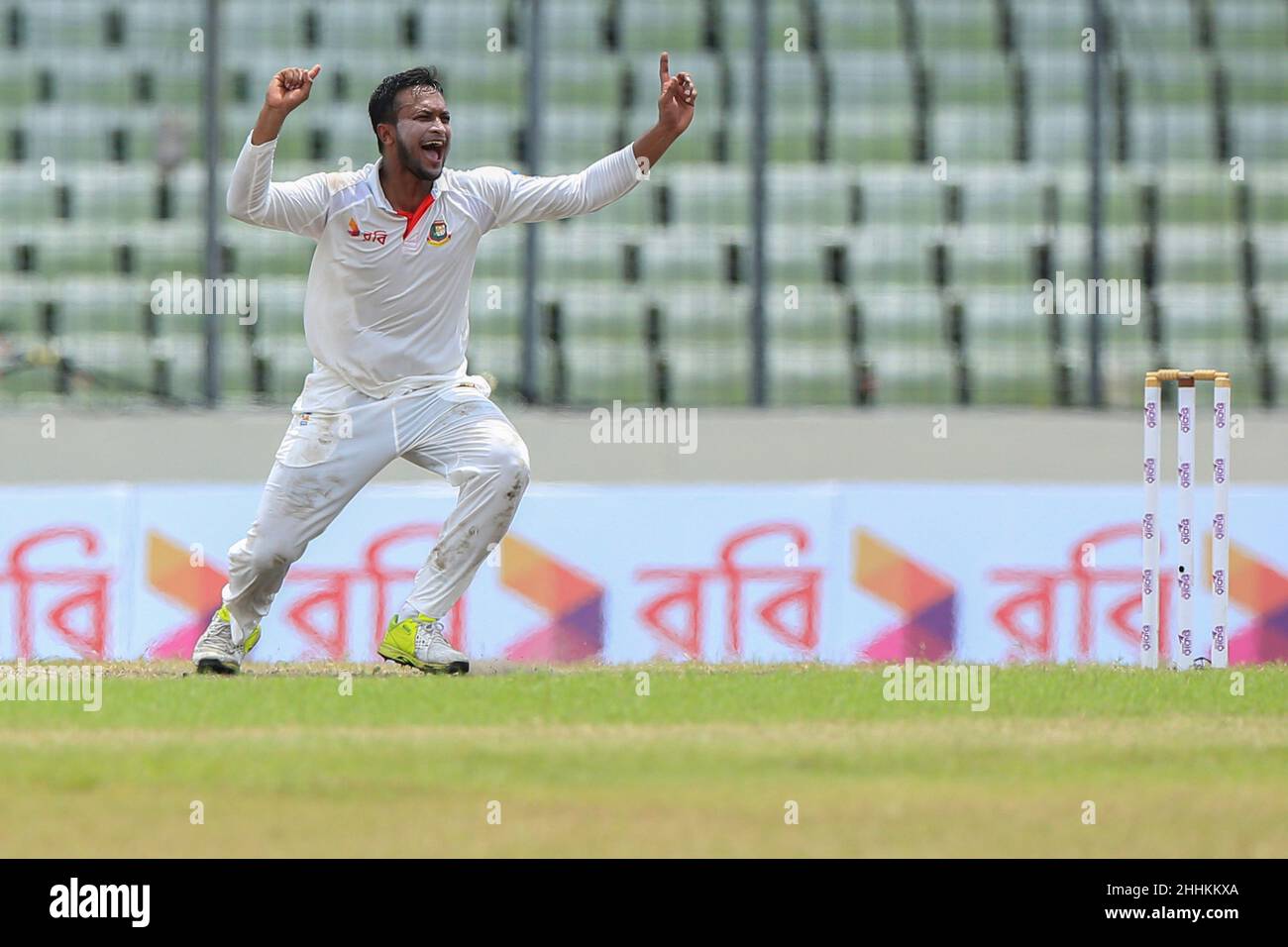 Bangladesh cricketer Shakib Al Hasan wicket celebrates during the First ...