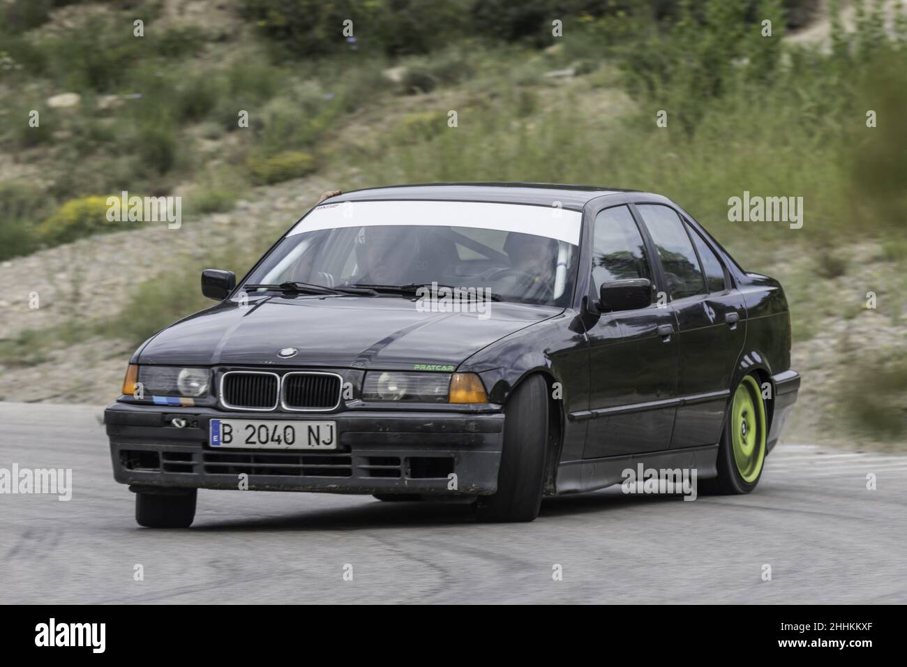 Modified BMW E36 racing on the road during a competition in Barcelona ...