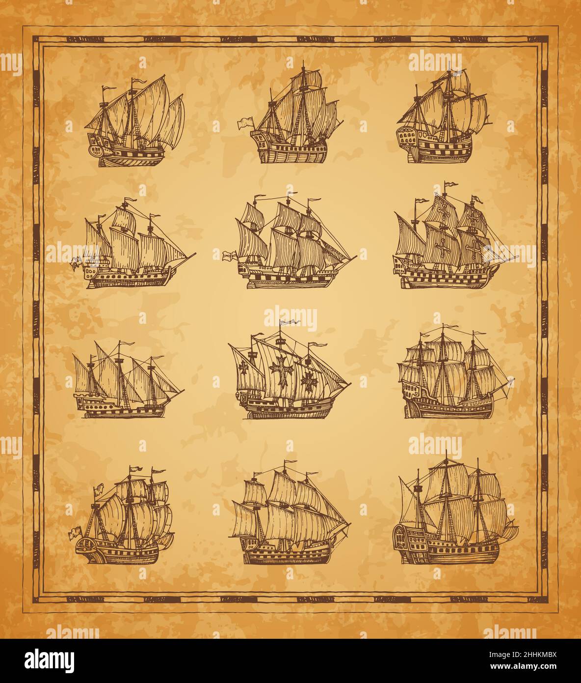 Vintage pirate sail ships and sailboats. Old vessel frigate, brigantine ...