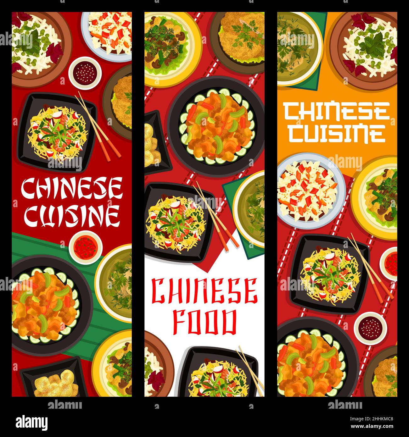Chinese cuisine banners with vector dishes of Asian seafood, meat and ...