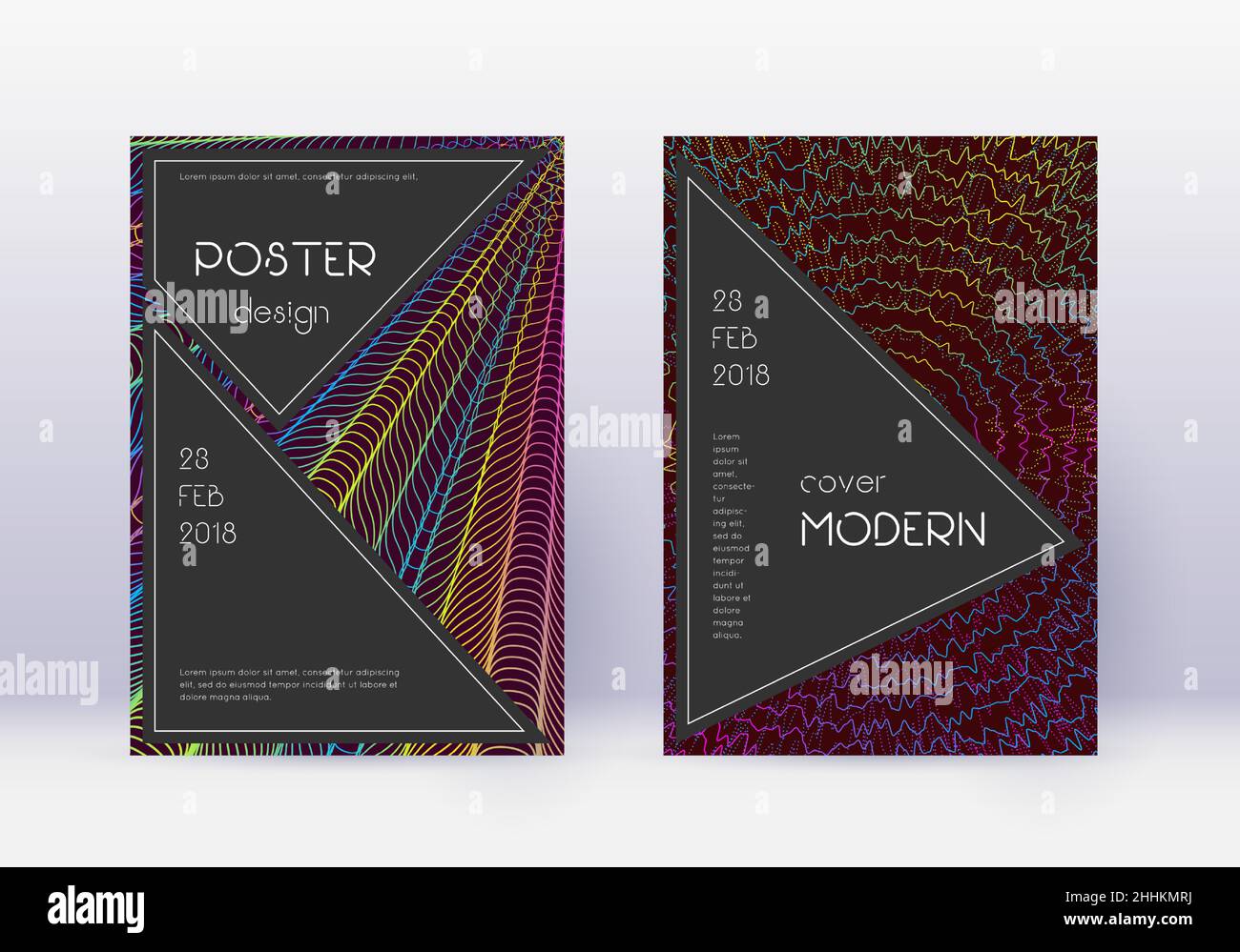 Black cover design template set. Rainbow abstract lines on wine red background. Adorable cover ...