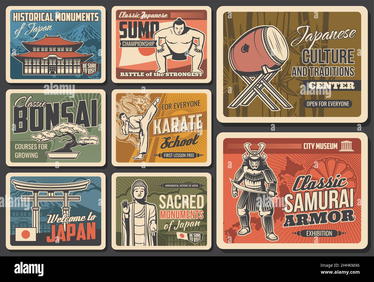 Travel to Japan vector retro posters, Japanese culture and tradition ...