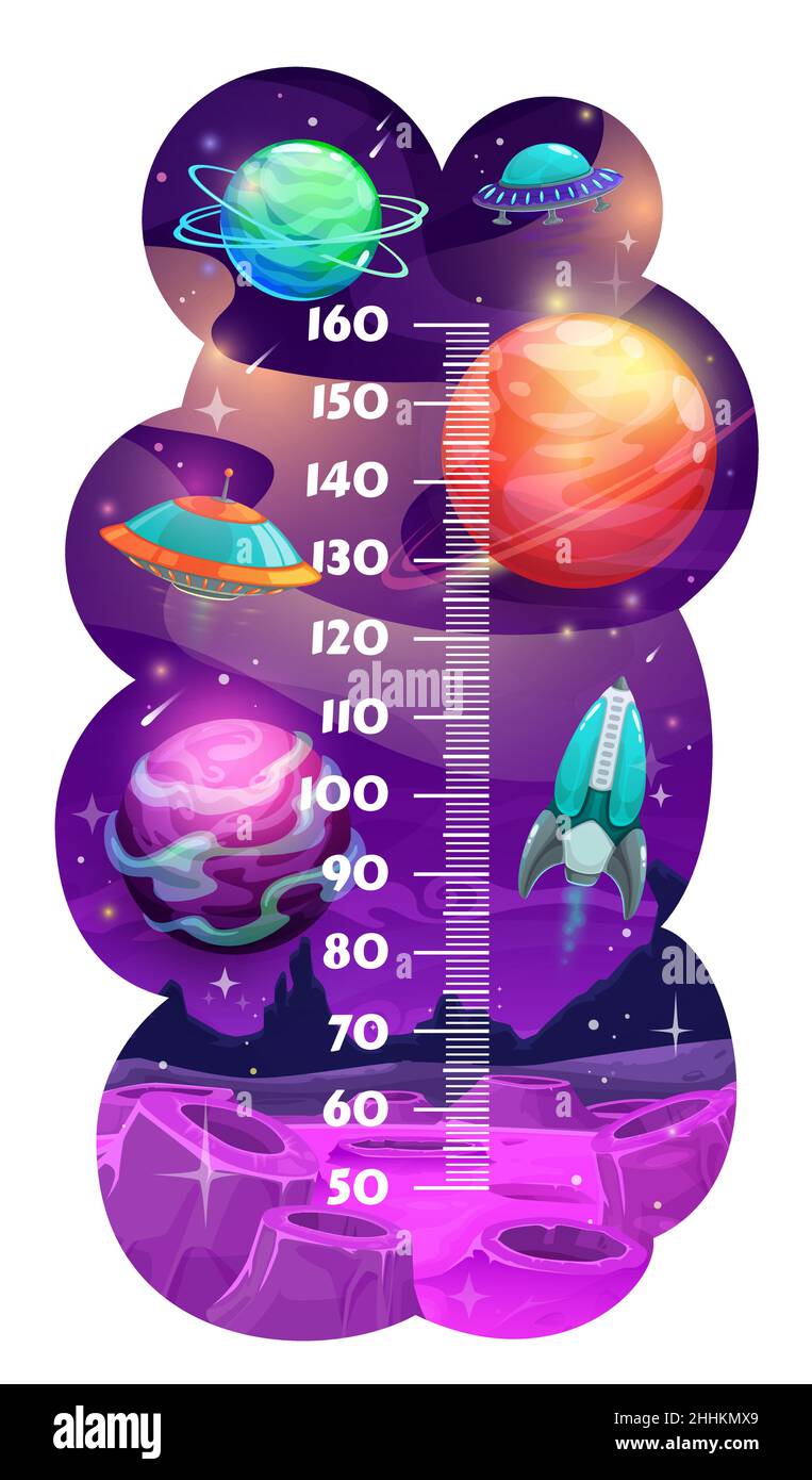 Kids height chart. Cartoon space planets, future spaceship or rocket ...