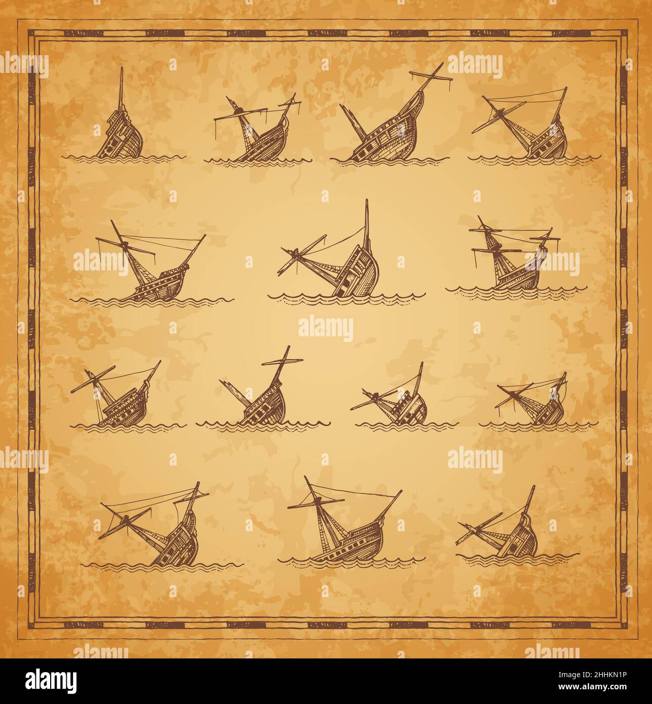 Sunken sailing ships sketches, vintage map elements. Vector engraved ...