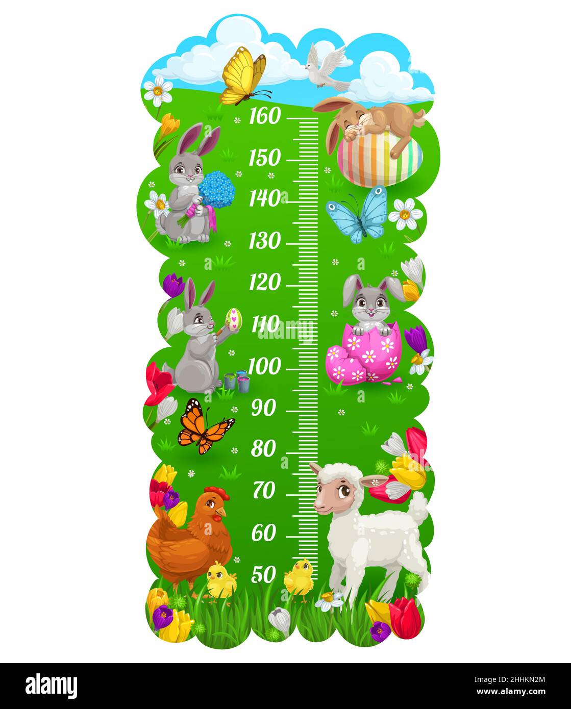 Kids height chart with cartoon Easter bunny and eggs, vector growth ...