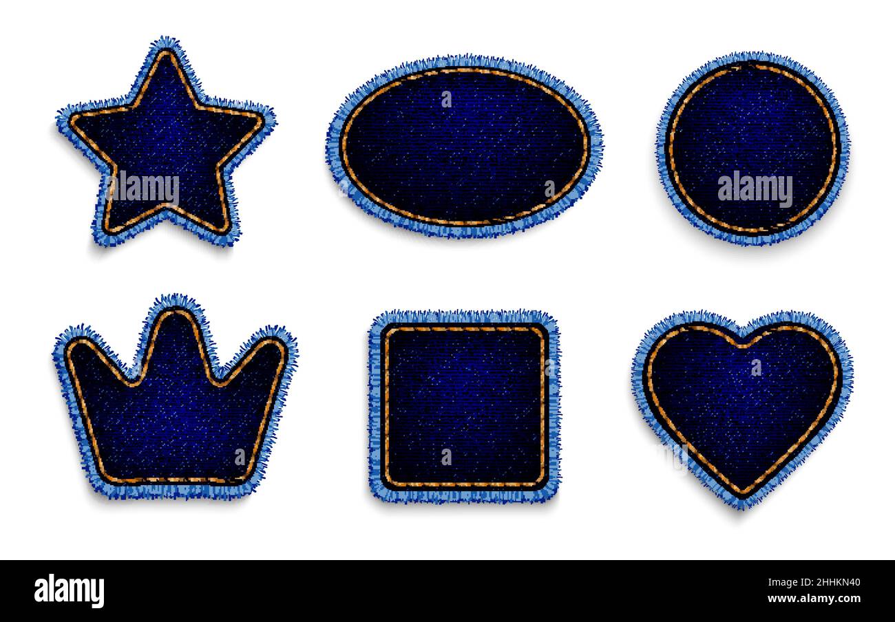 Blue jeans denim texture patches and labels. Vector crown, circle and ...