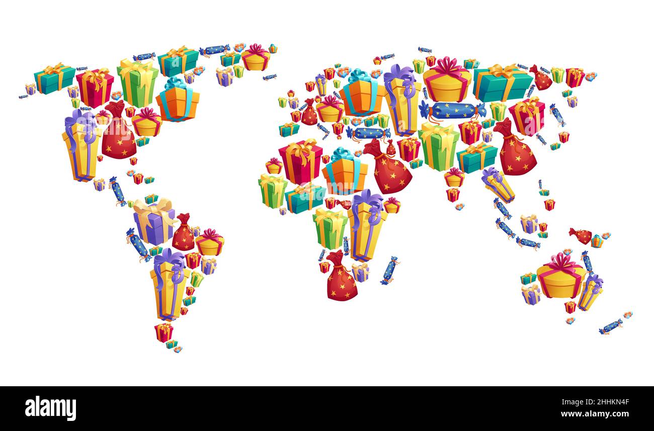 Gift boxes and presents world map shape, vector background. Holidays ...